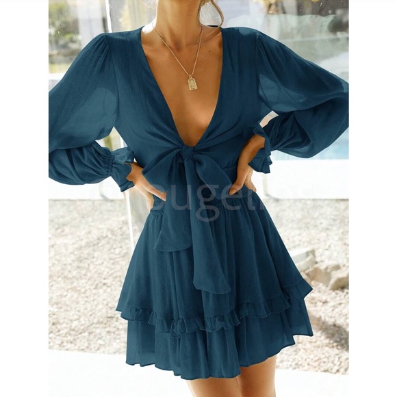 Rouge! | Dresses | Dark Blue Boho Mini Dress Frill Ruffle Hem Shirred ...